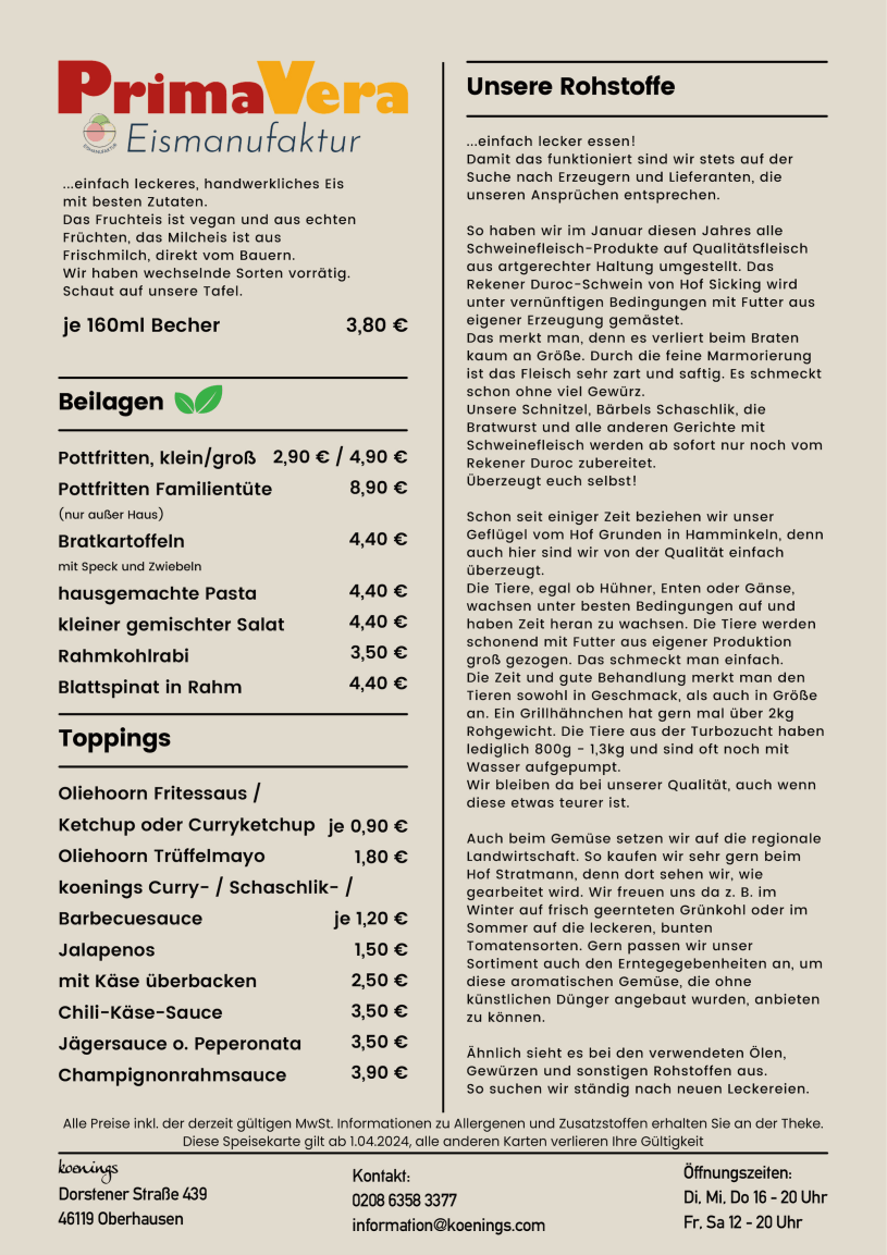 koenings - Speisekarte & Getränkekarte