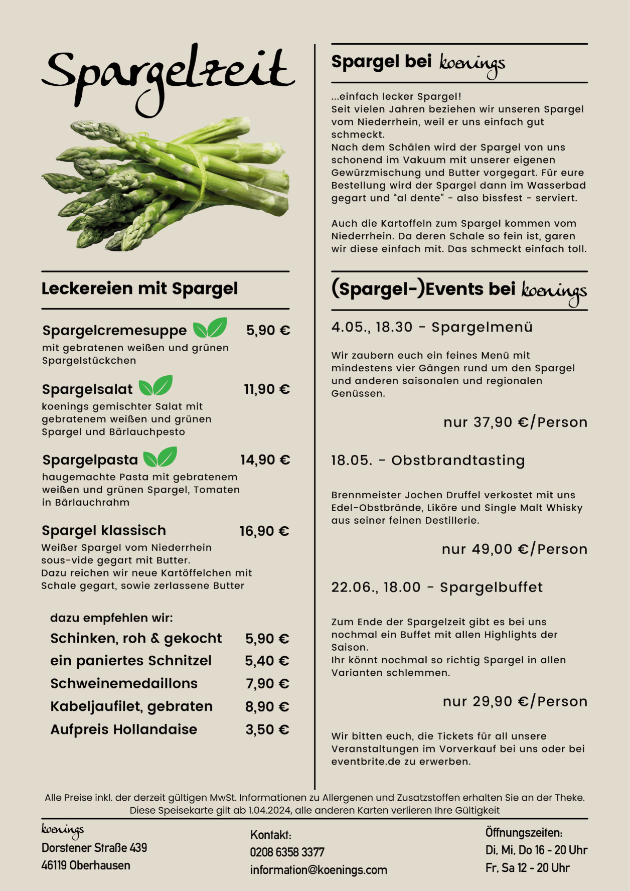 koenings - Speisekarte & Getränkekarte