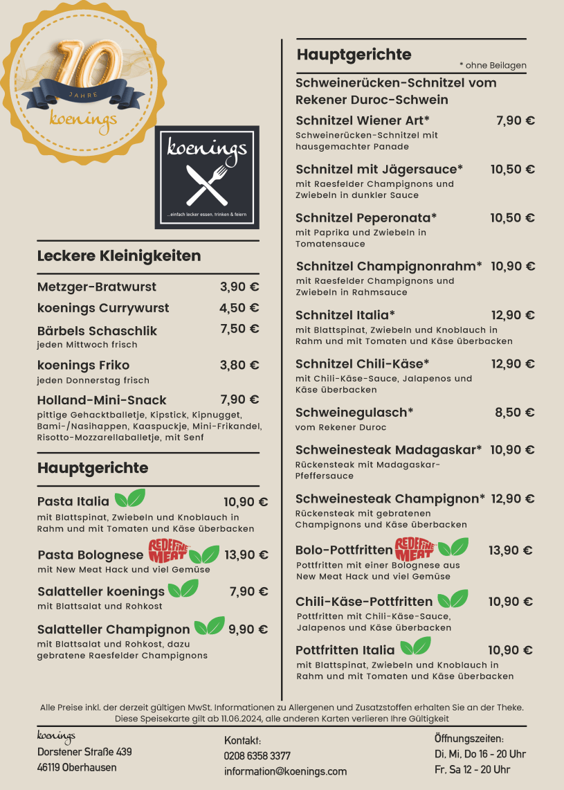 koenings - Speisekarte & Getränkekarte