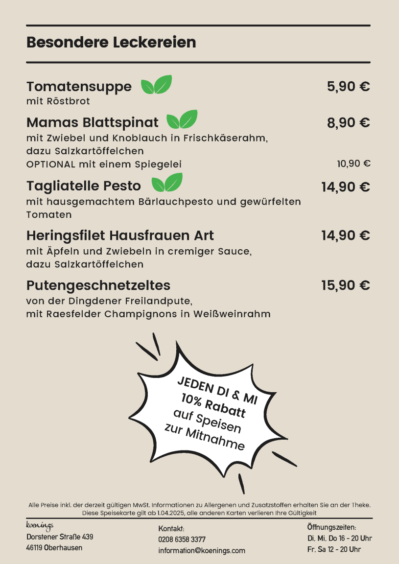 koenings - Speisekarte & Getränkekarte